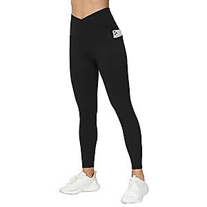 THE GYM PEOPLE Women's V Cross Waist Workout Leggings Tummy Control Running Yoga Pants with Pockets(Black, Medium)