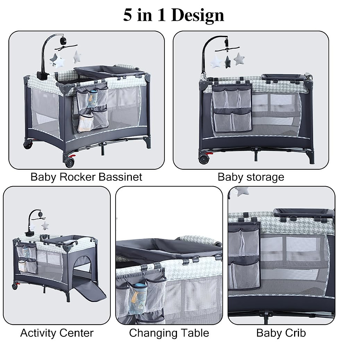 SIMPLGIRL Bedside Bassinet for Baby, 4 in 1 Pack n Play Bassinet Bedside Sleeper Baby Crib with Toys & Music Box, Mattress, Foldable Playard for Newborn