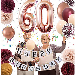 60th birthday decorations women – Rose gold 60 birthday party supplies for Happy Womens with Fabulous Champagne burgundy flowers Balloons Tissues Decor (burgundy + Champagne)