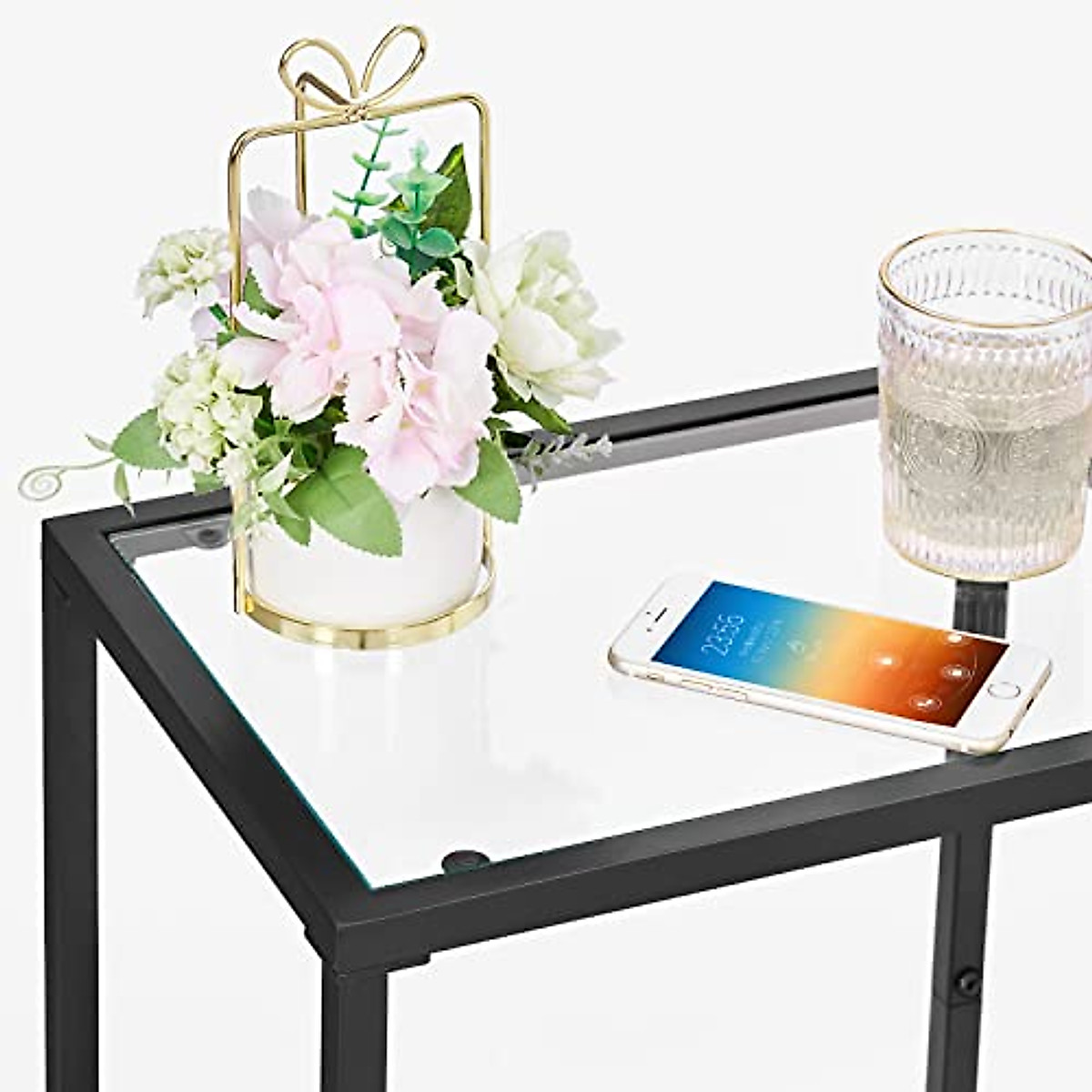 HOMSHO Side Tables Set of 2, End Tables with Tempered Glass, 2-Tier Nightstands with Storage Shelves, Slim Sofa Table for Living Room, Bedroom (2, Black)