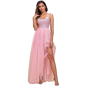 Ever-Pretty Women's Sequin Spaghetti Straps Double V Neck Tulle Formal Dresses Graduation Dress Pink US10