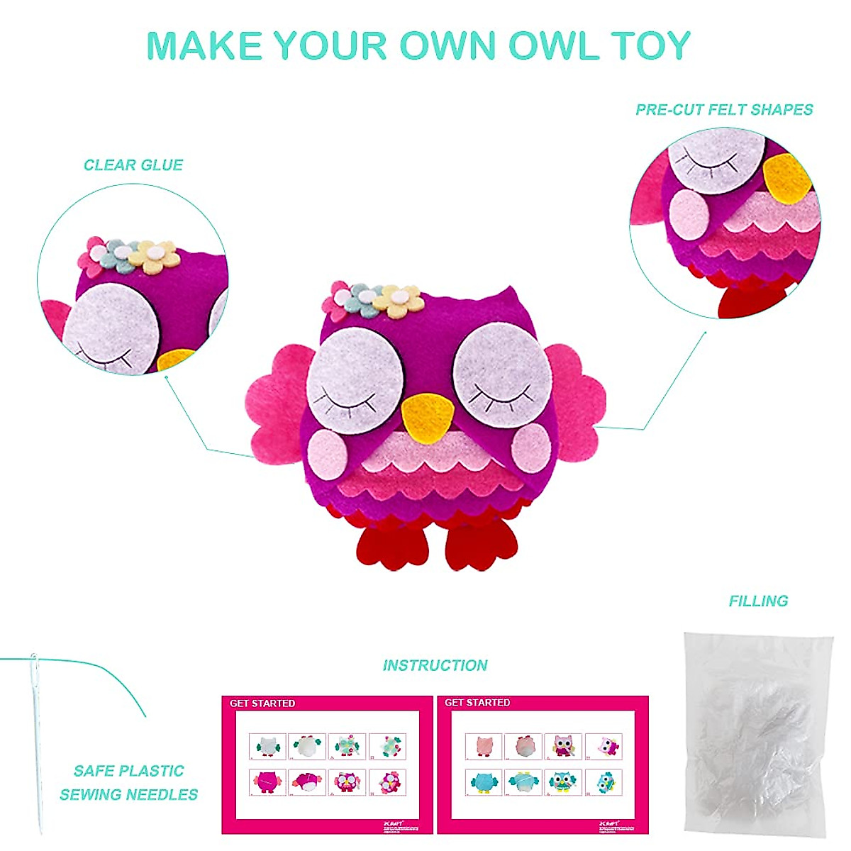 MOVEBO Sewing Kit for Kids, Owl Animal Toy Felt DIY Crafts Pack of 4 Felt Toy Sewing Crafts Kits for Kids Age 5-10 Years