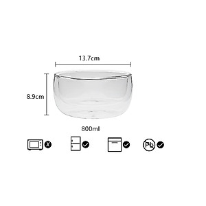 GracesDawn high temperature resistant double layer glass bowl borosilicate heat-resistant glass tableware transparent fruit salad bowl (800ml（27OZ）)