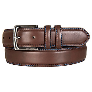 Nautica Men Bold Fashion and Dress Leather Belt with Metal Buckle, Logo Inlay Double Keeper-Brown, 34"