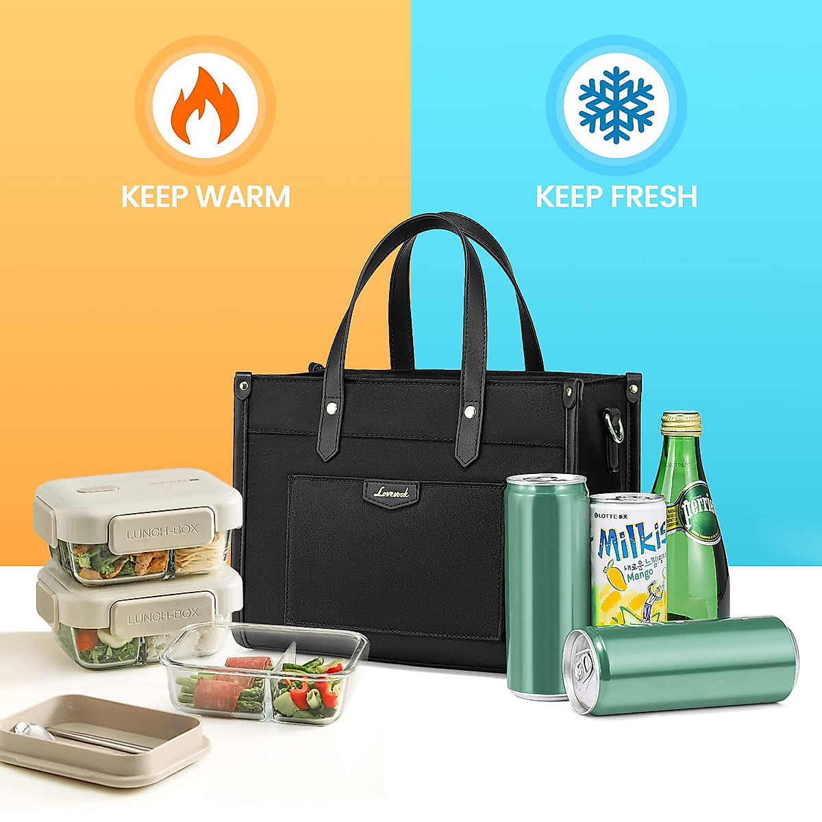 LOVEVOOK Lunch Bag Women Work,Lightweight Insulated Lunch Box for office-lady College Picnic Beach,Fashionable to Match,Black,S