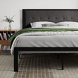 SHA CERLIN King Size Bed Frame with Upholstered Headboard, Platform Bed Frame with Metal Slats, Button Tufted Square Stitched Headboard, Noise Free, No Box Spring Needed, Easy Assembly, Dark Grey