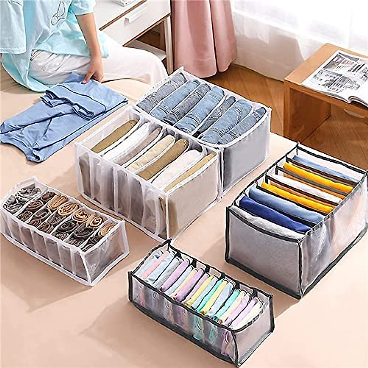 Aoser Wardrobe Clothes Organizer（5pcs）, 7 Grids Washable Wardrobe Clothes Organizer, Jeans Compartment Storage Box, Closet Organizers (1 Set of Mix)