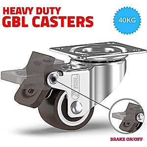 GBL 1" inch Small Caster Wheels with 2 Brakes + Screws - 90Lbs - Low Profile Castor Wheels with Brakes - Set of 4 No Floor Marks Silent Casters - Mini Wheels for Cart