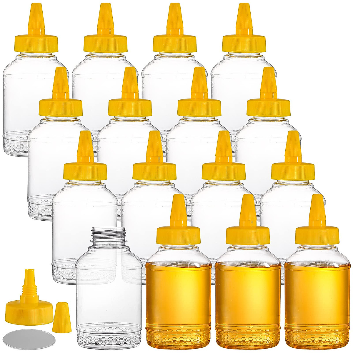 ZEAYEA 16 Pack 13 oz Plastic Honey Bottle, Empty Honey Jars with Leak Proof Twist Top Caps, Clear Squeeze Honey Container Dispenser for Storing and Dispensing