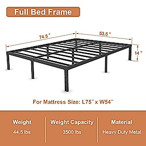 Umyder Full Size Bed Frame with Steel Slats Support,Sturdy and Durable No Box Spring Needed 14 Inch High Platform Metal Bedframes Black Heavy Duty 3500lbs,Noise Free,Easy Assembly