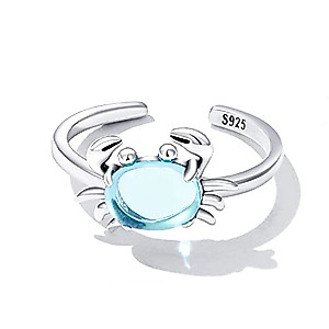 Cute Crab Sterling Silver Open Statement Rings for Women Blue Diamond Crystal CZ Wedding Engagement Ring Eternity Promise Band Adjustable Finger Bands Lovely Jewelry