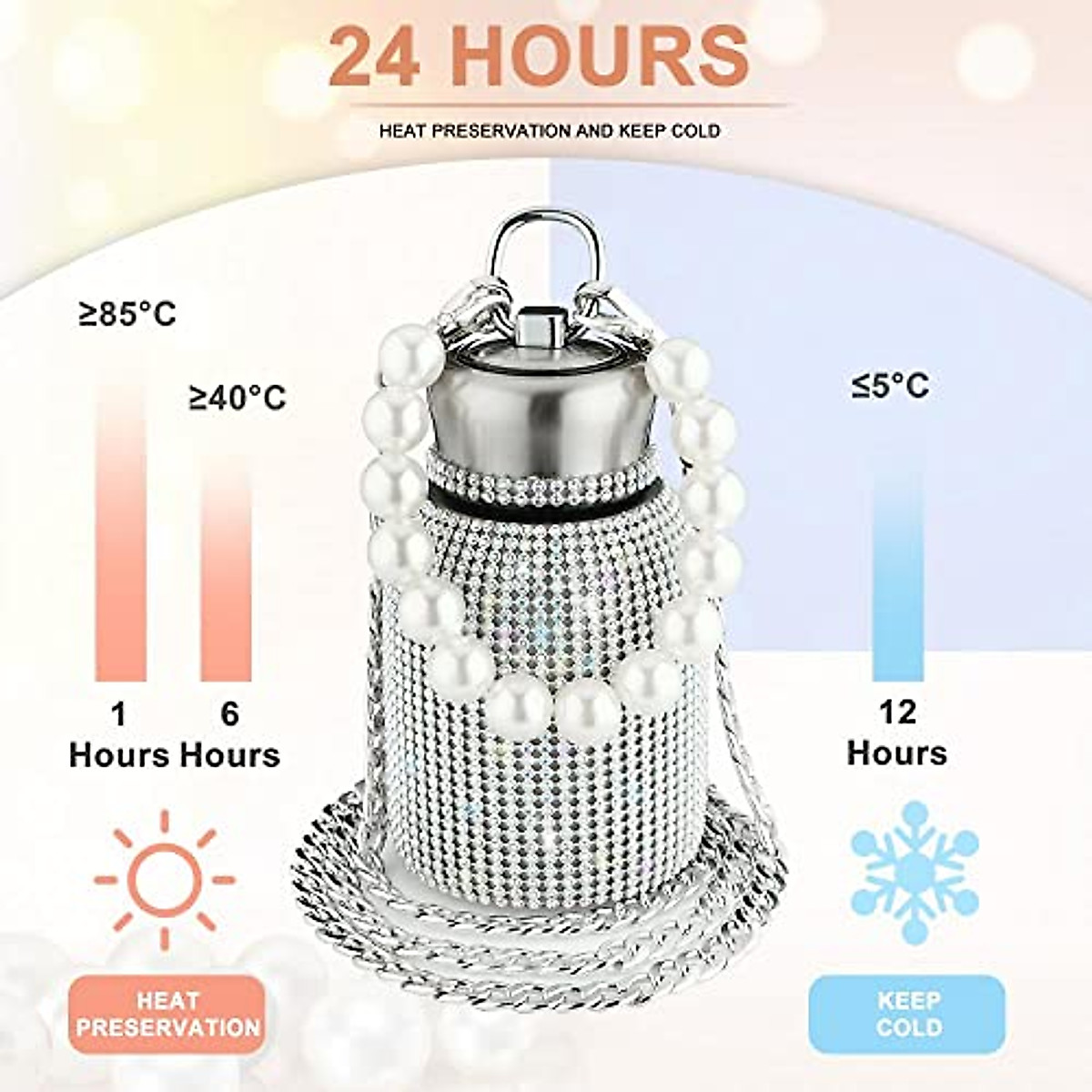 XUDREZ Diamond Thermos Bottle for Womens, Diamond Water Bottle Bling Rhinestone Stainless Steel Vacuum Flask Sparkling Refillable Insulated Thermal Bottle with Pearl Bracelet and Chain (Silver)