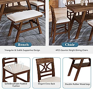 Merax 6-Piece Rustic Style Wood Counter Height Dining Table Set with Storage Shelf, Bench and 4 Chairs, Walnut+Beige