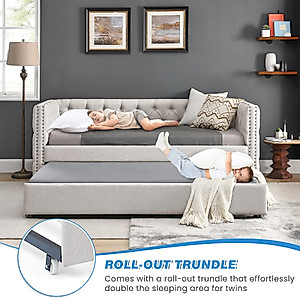 Antetek Daybed with Trundle, Modern Upholstered Full Size Button-Tufted Sofa Bed Frame with A Roll-Out Trundle, No Box Spring Needed, Furniture for Bedroom Living Room Guest Room (Beige, Full)