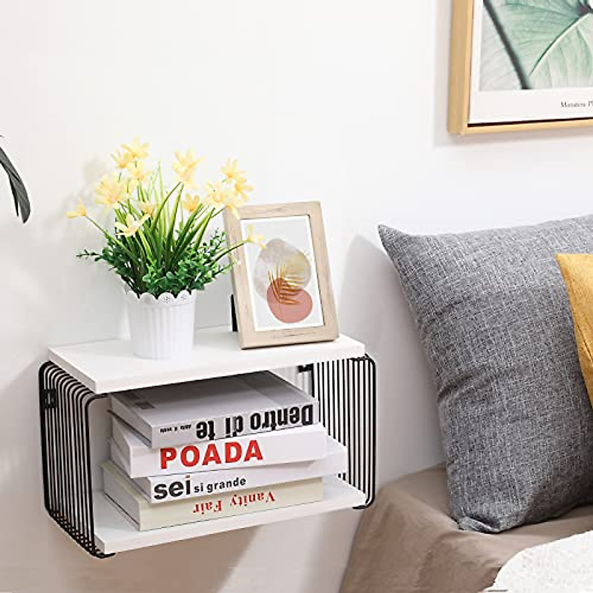 Adowes Floating Nightstand Geometric Wall Mounted Nightstand Wood Bedside Shelf 2 Tier Floating Wall Shelf Floating Table End Table in Bedroom, Living Room, Bathroom, Kitchen, Office, White