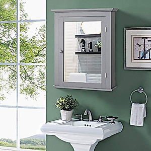 Tangkula Bathroom Cabinet with Mirror, Mirrored Wall-Mounted Storage Medicine Cabinet with Single Door & Adjustable Shelf in 5 Positions, Multipurpose Wall Cabinet for Bathroom Vestibule (Gray)