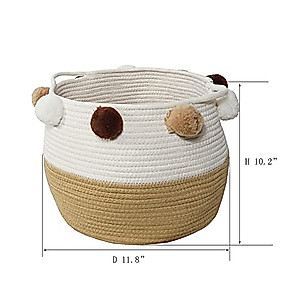 Cotton Rope Woven Round Baskets, Baby Shower Basket with Pom, Shelf Storage Basket, Baby Diaper Caddy Nursery Nappies Organizer, Blanket Laundry Basket Hamper Bin for Living Room