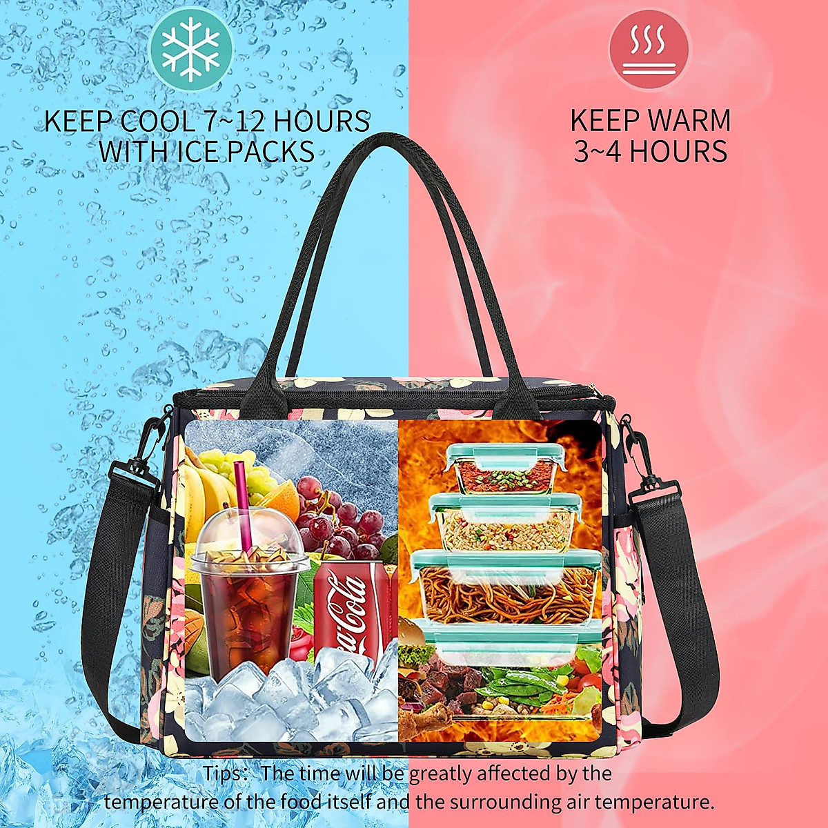 LOKASS Lunch Box - Lunch Bag Women Insulated Lunch Box for Women Teacher Nurse Tote Bag for Work Picnic or Travel Removable Shoulder Strap Side Pocket - Peony