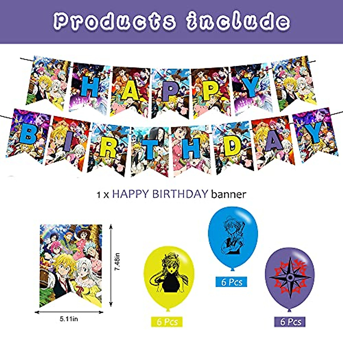 Seven Deadly Sins Birthday Party Decorations,Anime Manga Themed Party Supplies set for Boys Girls with Happy Birthday Banner,Cake Topper,Cupcake Toppers,Balloons,Stickers