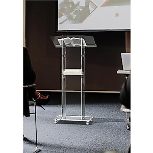 Acrtmatic Acrylic Clear Rolling Wheel Podium Stand, 47-inch Modern Lectern & Podium with Storage Shelf for Church, Speech，Classroom, Wedding, Concert. (23.6" L x 15.7" W x 47.2" H)