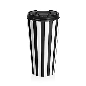 Black White Striped 15oz Stainless Steel Travel Mug, Screw on Lid Tumbler.