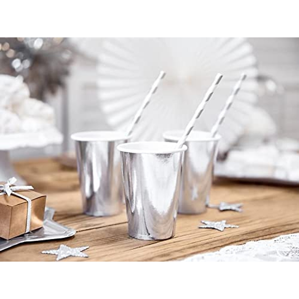 ALINK Biodegradable Silver Paper Straws Bulk, Pack of 100 Metallic Foil Striped/Wave/Dots Straws for Birthday, Wedding, Bridal/Baby Shower, Christmas Decorations and Party Supplies