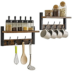 YMYNY Coat Rack Shelf Wall Mounted, Coat Hooks Set of 2, Entryway Coat Hanger with 8 Hooks, 31.5" Wall Floating Shelf with Hat Rack, for Kitchen, Bedroom, Bathroom, Rustic Brown UHWS001H-2