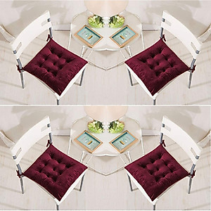 Set of 4 Chair Pads 40 X 40 cm Seat Cushions with Ties Soft Velvet Comfortable Square Cushions, for Dining Chairs Kitchen Living Room Patio Garden Indoor Outdoor,Burgundy,Burgundy