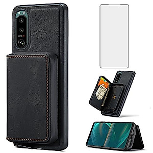 Phone Case for Sony Xperia 5 III 3 / Xperia5III 5G Wallet Cover with Tempered Glass Screen Protector and Credit Card Holder Zipper Stand Cell Accessories Experia 5III 5G XQ-BC72 Women Men Black