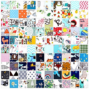 100 Pcs Cotton Fabric Square Patchwork Craft Fabric Scraps Quilting Fat Bundles Flower Animals Cartoon for DIY Sewing Cloths (Lovely, 10 Inch)