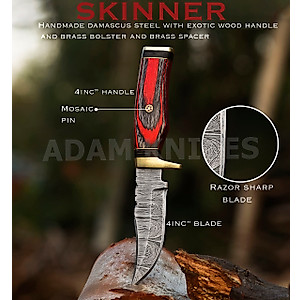 ADAM KNIVES Handmade Damascus Steel Hunting Knife | Skinning Knife | Skinner Knife | 102 Woodsman Fixed Blade Hunting Knife With Leather Sheath | Unique Gift (Red & Black)