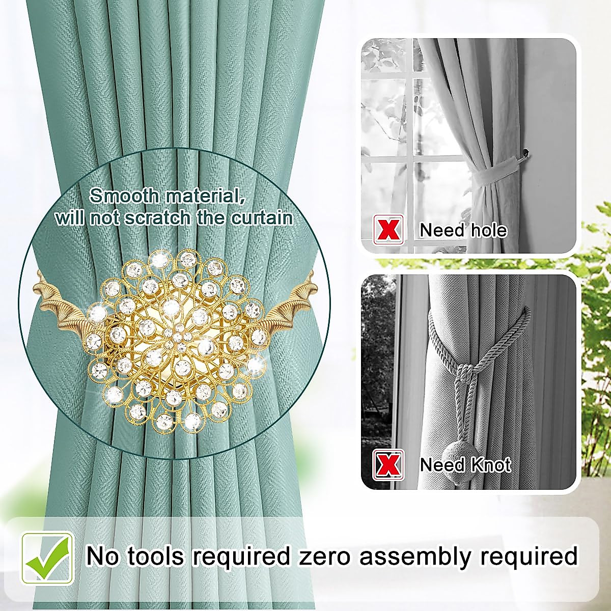 AULEEP Magnetic Curtain Tiebacks, 4 Pack Magnetic Crystal Decorative Drapes Curtain Clips Buckle, Flower Curtain Tie Back, European and American Style (Gold)