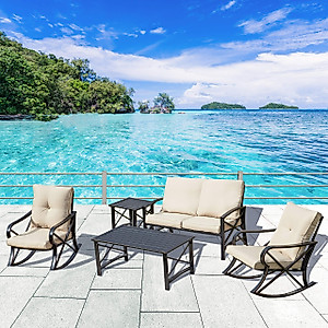 LOKATSE HOME 5 Pieces Outdoor Loveseat Set Rocking Chairs Patio Conversation Furniture Metal Bench with Cushion & Coffee Table, Khaki