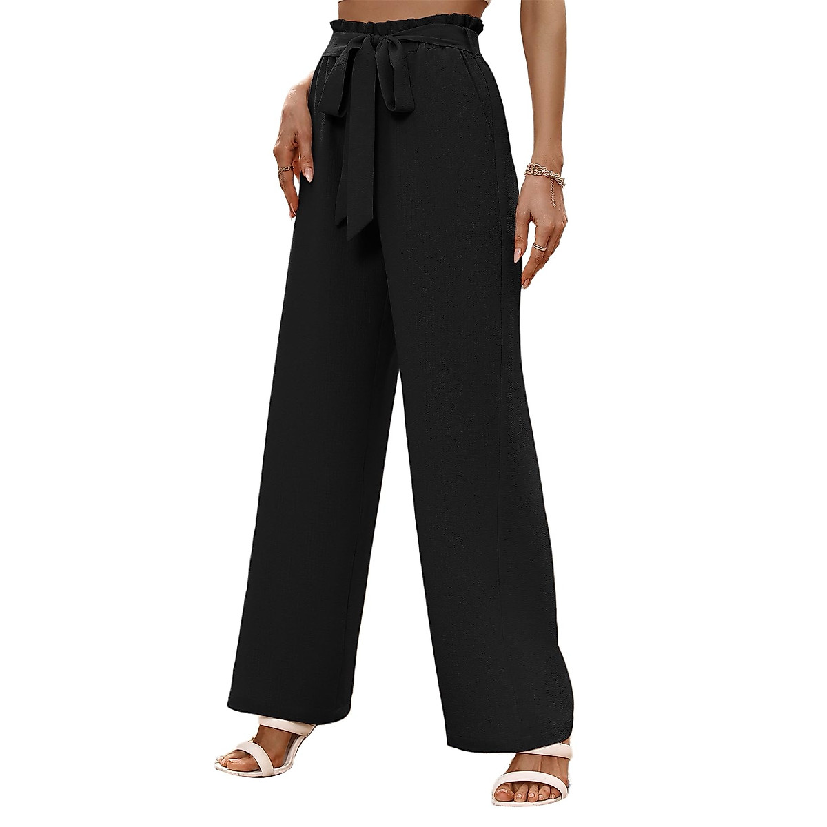SOFIA'S CHOICE Women's Bow-Knot Work Pants High Waisted Wide Leg Trousers with Pockets Black Small