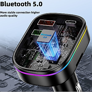Bluetooth 5.0 FM Transmitter for Car - Cigarette Lighter Aux Port Car Wireless MP3 Adapter with Microphone HiFi Bass Sound Music Adaptor Radio Transmitter & USB PD Fast Charging Port car Accesories