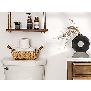 Labcosi Small Wicker Baskets for Organizing, Handwoven Toilet Paper Baskets for Toilet Tank, Water Hyacinth Bathroom Baskets with Faux Leather Handles, Baskets for Gift Empty, Set of 2