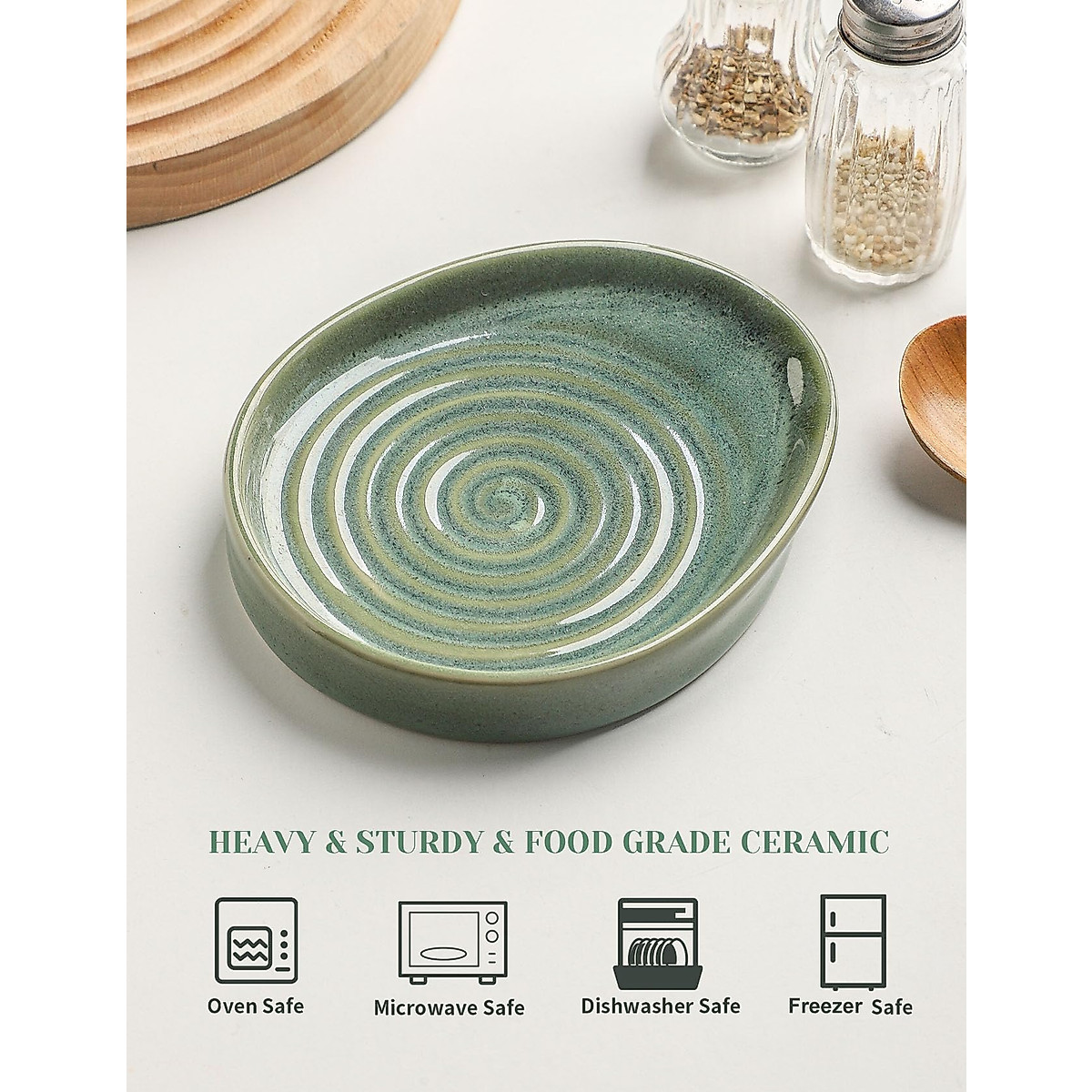 Seyatoo Ceramic Spoon Rest for Stove Top, Spoon Holder for Kitchen Counter, Farmhouse Cooking Utensil Holder for Spoons, Ladles, Spatula, Glazed Green