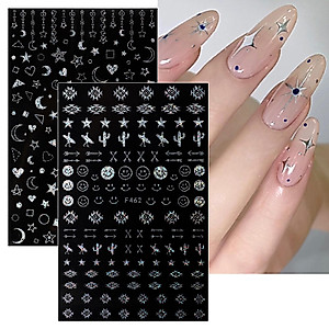 JMEOWIO 9 Sheets Moon Star Nail Art Stickers Decals Self-Adhesive Pegatinas Uñas Gold Silver Black Nail Supplies Nail Art Design Decoration Accessories