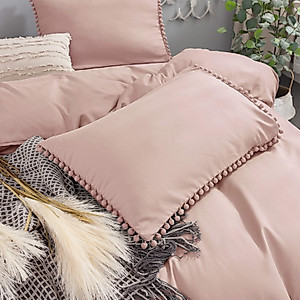 Bowavat Pom Pom Fringe Duvet Cover Twin Size,100% Washed Microfiber 3 Pieces Pink Mocha Duvet Cover Set, Soft and Durable with Zipper Closure and Corner Ties (Twin, Pink Mocha)