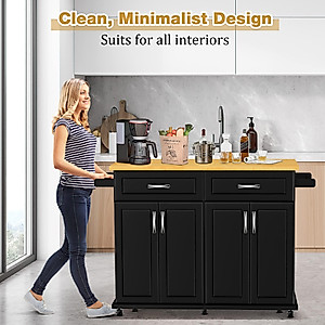 HUEOFGP Kitchen Island Cart with Storage Kitchen Carts on Wheels with Drawer and Cabinet, Wood Countertop, Rolling Island Table for Kitchen (Black)