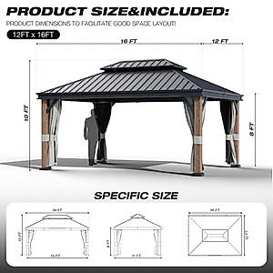 Joyside 12'x16' Hardtop Gazebo, Double Roof Galvanized Steel Canopy with Thermal Transfer Aluminum Frame Permanent Metal Pavilion with Netting and Curtains for Garden (Dark Brown Wood Grain)