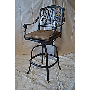 theWorldofpatio Elizabeth Cast Aluminum Powder Coated 4 Swivel Bar Stools 30" with Walnut Seat Cushions- Antique Bronze