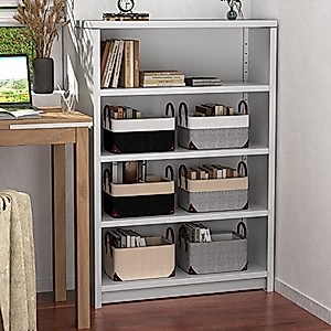 Foldable Storage Bins Baskets - Decorative Linen Fabric Storage Baskets with Steel Frame and PU Leather Handles for Organizing Shelf Closet