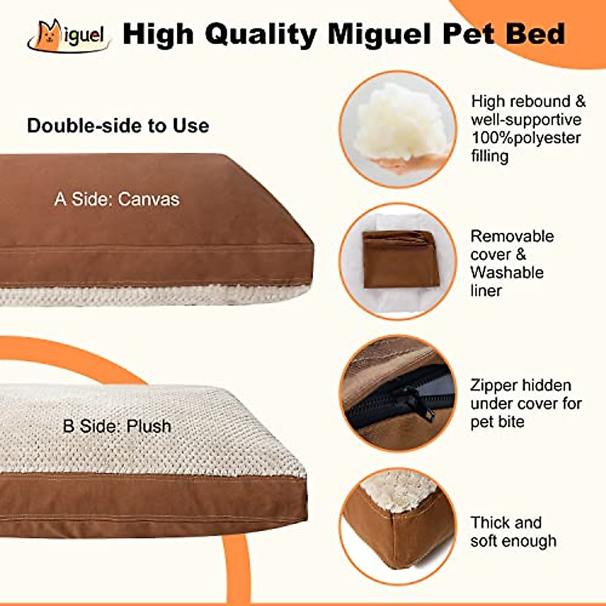 Miguel Canvas Dog Bed with Silky Sherpa Top,12 Ounce 100% Cotton Dog Pillow with Removable Cover, Outdoor Waterproof Durable Pet Mat Reversible Cool & Warm for All Season Indoor Outdoor 38 in Caramel