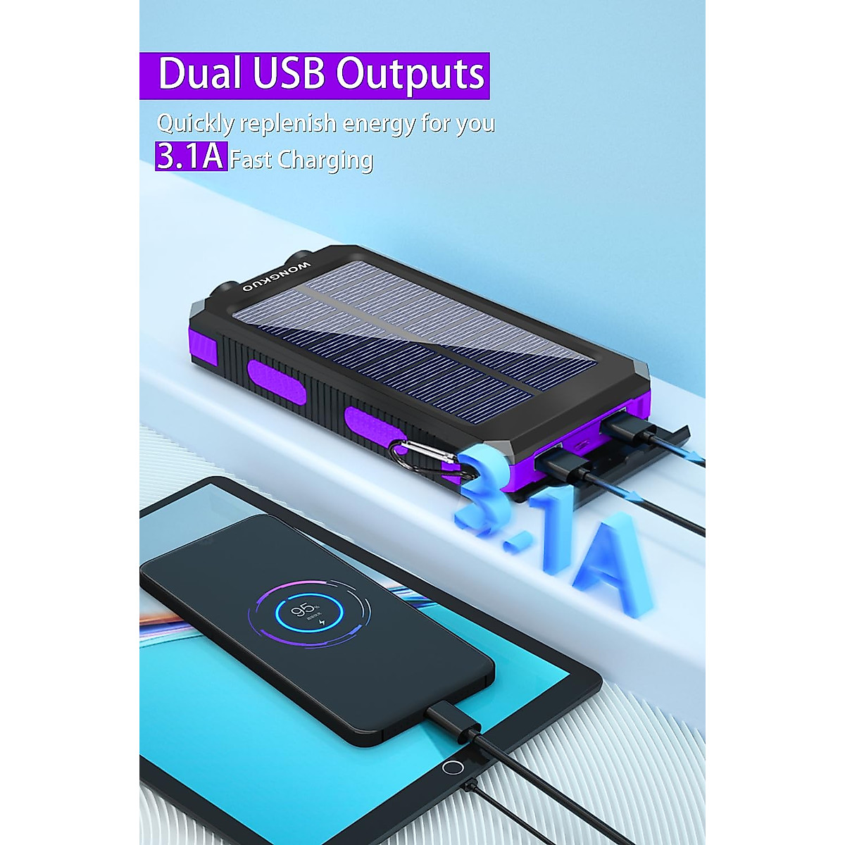 WONGKUO Solar Charger Power Bank - 𝟮𝟬𝟮𝟰 𝙐𝙥𝙜𝙧𝙖𝙙𝙚 36,800mAh Portable Solar Phone Charger, QC3.0 Fast Charger with LED Flashlight, IP65 Waterproof Power Bank Perfect for Outdoor Camping Hiking