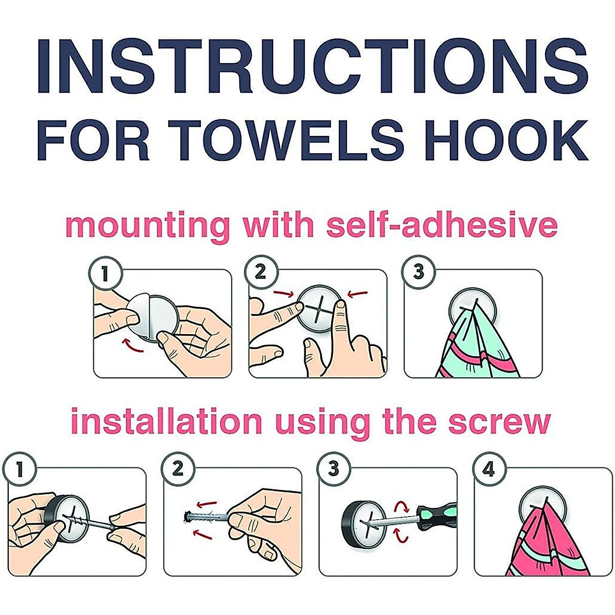 Eiqer 4 Pack Kitchen Towel Holder, Self Adhesive Wall Dish Towel Hook, Round Wall Mount Towel Holder for Bathroom, Kitchen and Home, Wall, Cabinet, Garage, No Drilling Required