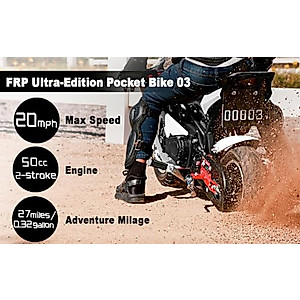 FRP 50cc 2-Stroke Pocket Bike 03, EPA Approved Gas Pocket Bike for Kids W/Strong Dual Brake, Realistic Racing Pocket Rocket Max Speed 20 Mph, Mini Bike Max Weight 165 LB-Ultra Edition (White)