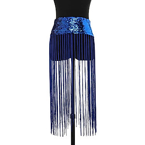 Barode Belly Dance Hip Skirt Sequins Tassel Scarf Belt Fringe Performance Outfits Skirt for Women(Blue)