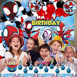 Spidey and His Amazing Friends Birthday Party Supplies, Spidey Party Balloons Garland Arch Kit, Latex Balloons, Backdrop, Tablecloth, Spidey Theme Party Decorations, Spidey Birthday Party Favors