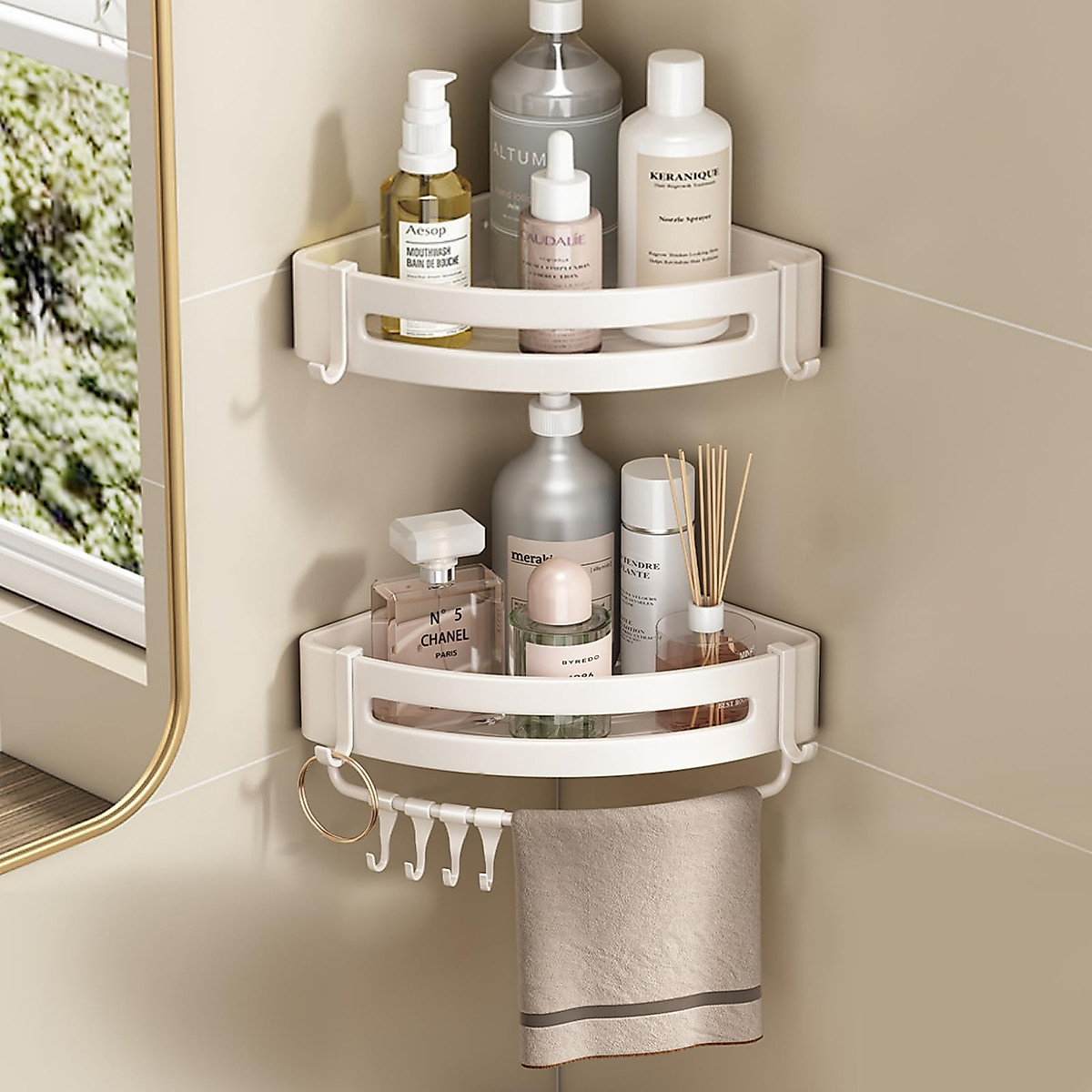 Shower Corner Shelf Caddy 2 Pack Shower Organizer Corner No Drilling Required, Aluminum Basket Shampoo Kitchen Organizer with 1 Towel Rack and 8 Hooks(White - Triangle Basket)